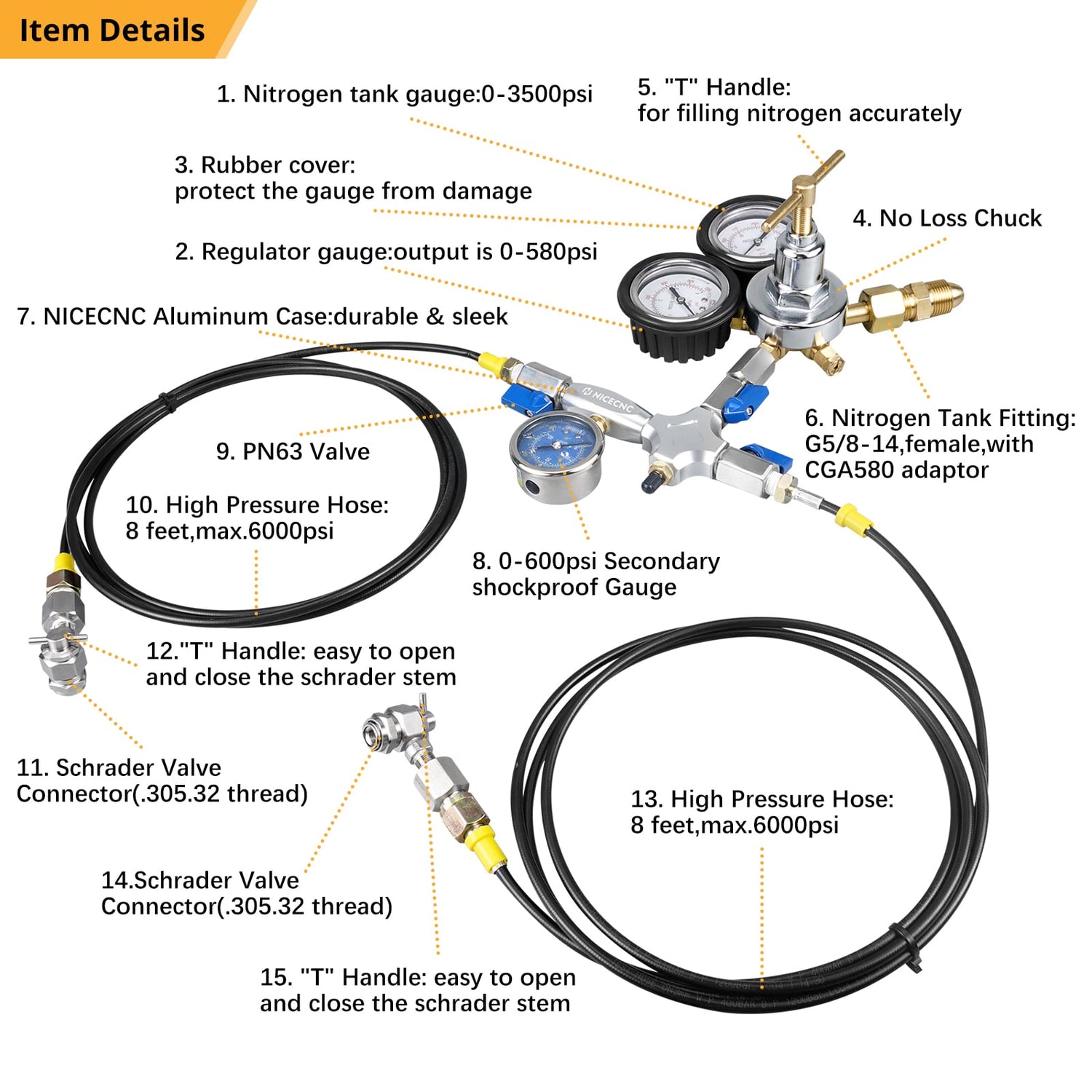 Universal Motorcycle ATV UTV Dual Hose Nitrogen Shock Regulator Fill T