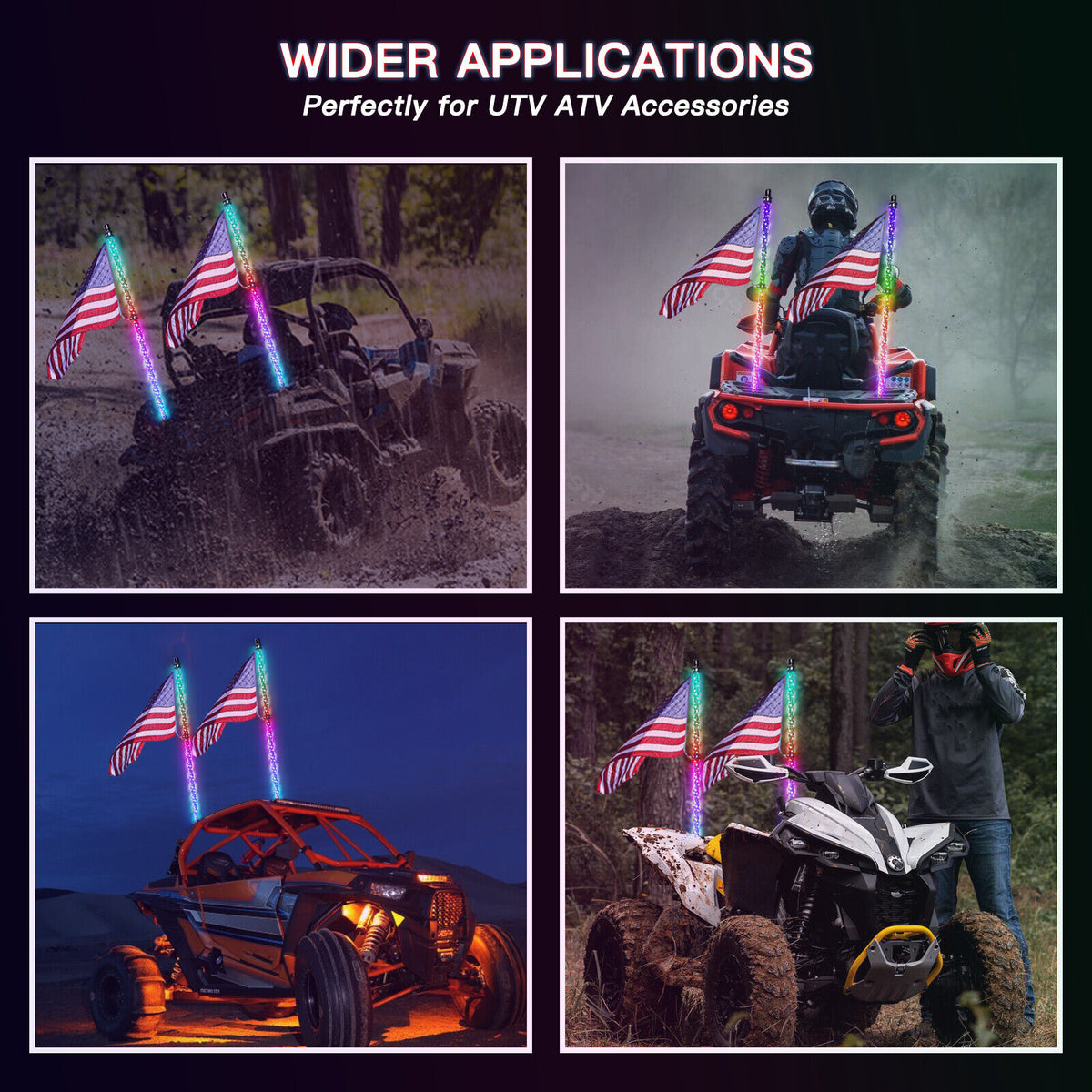 RGB LED Spiral Whip Lights Flag Pole Lamp For UTV ATV APP Remote